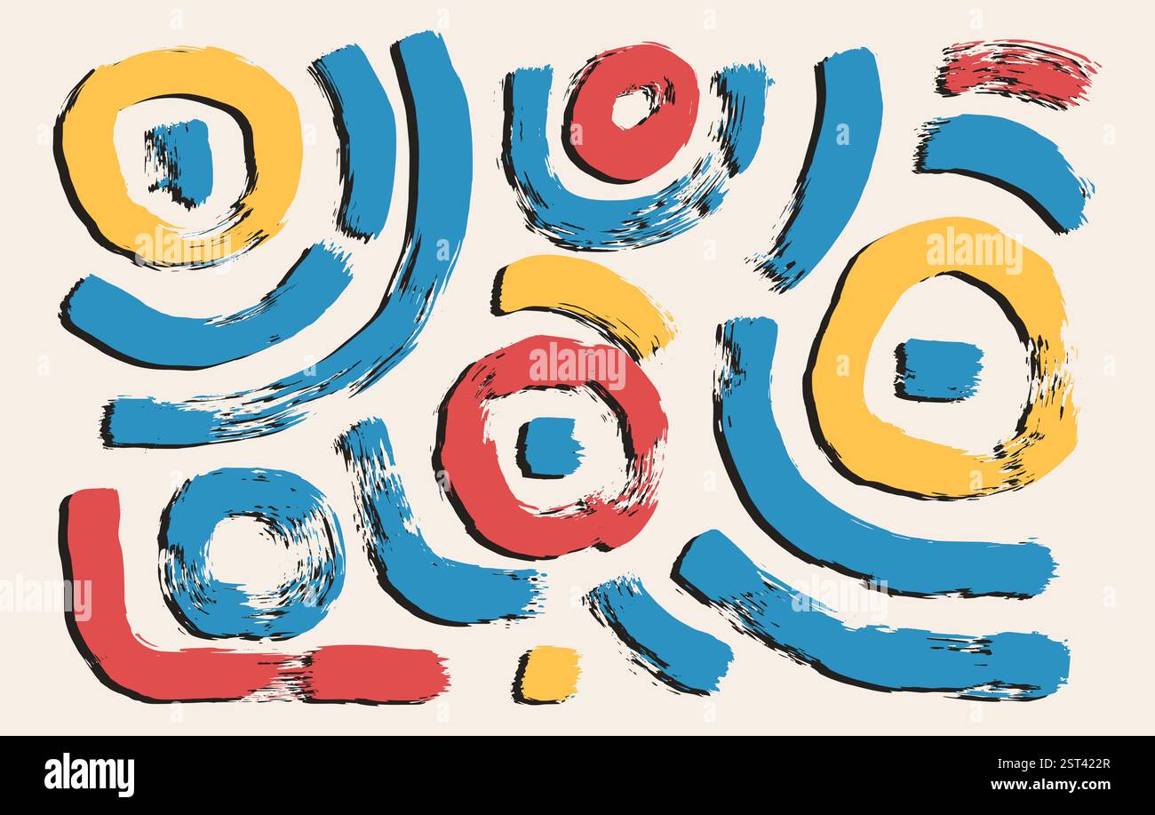 Brush stroke squiggle and circles ink lines. Vector hand drawn funky ...