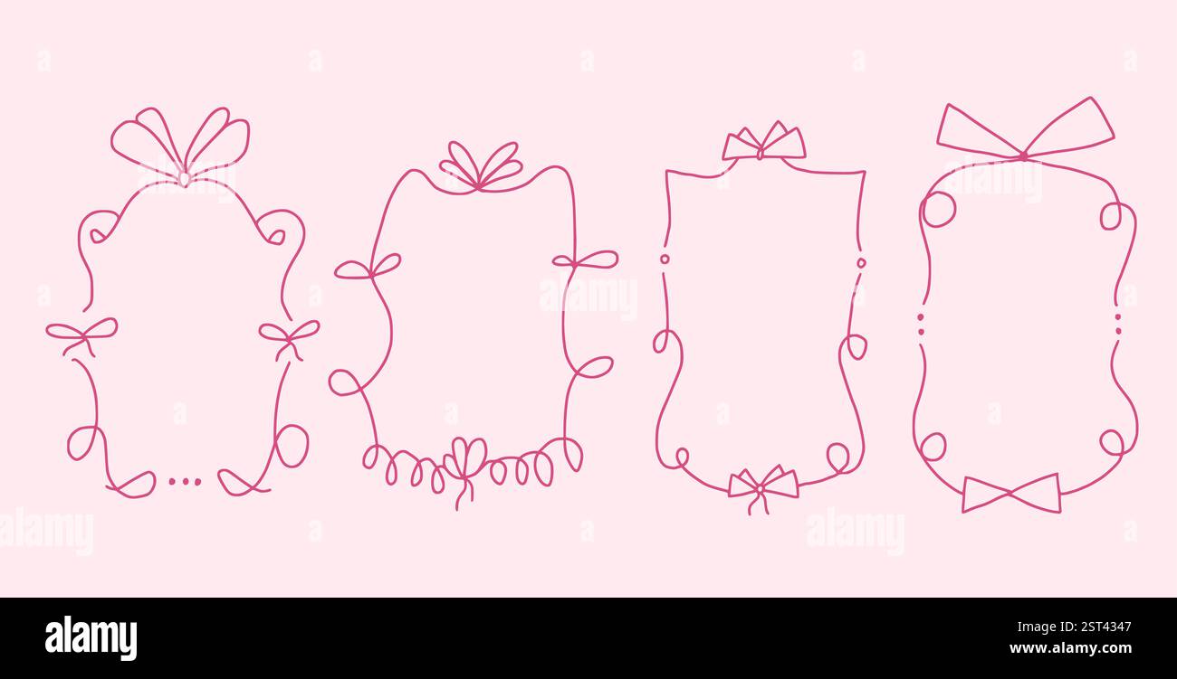 Doodle coquette frames with bows. Vintage line wavy border with ribbons ...