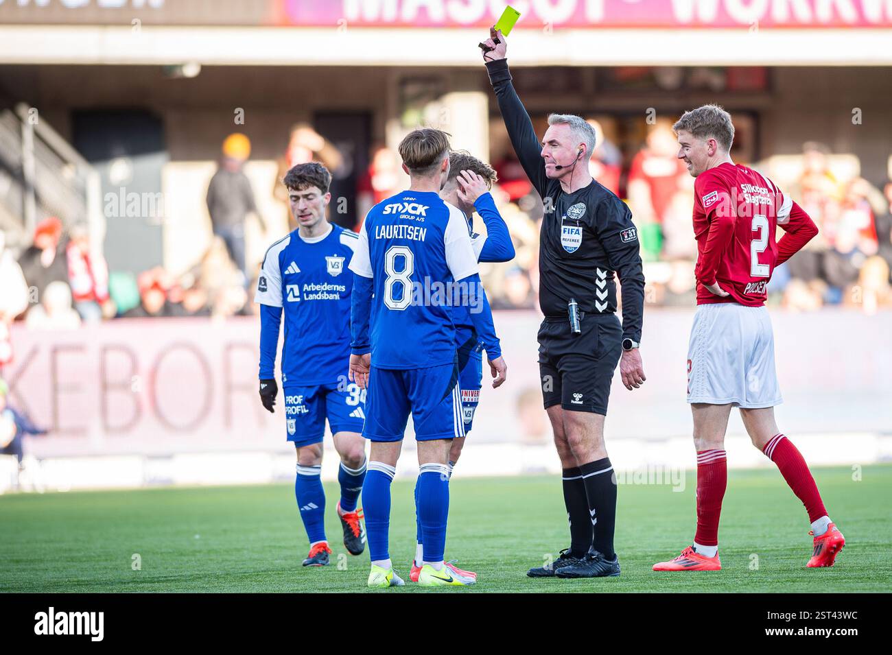 Silkeborg, Denmark. 16th Feb, 2025. Referee Jakob Kehlet books Kristian ...