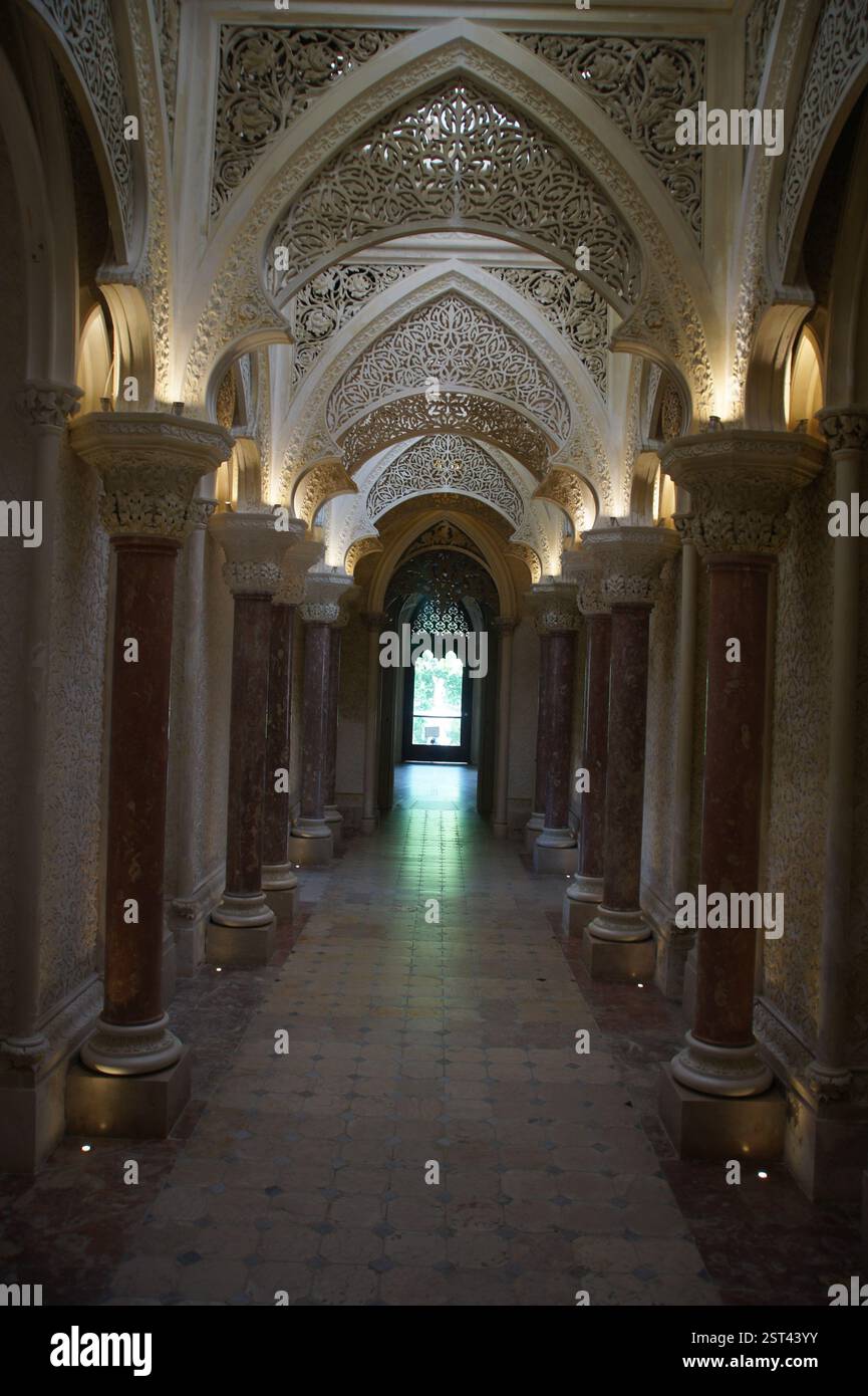 Long hallway, ornate arches and columns, Sintra, Portugal. Glimpse of ...