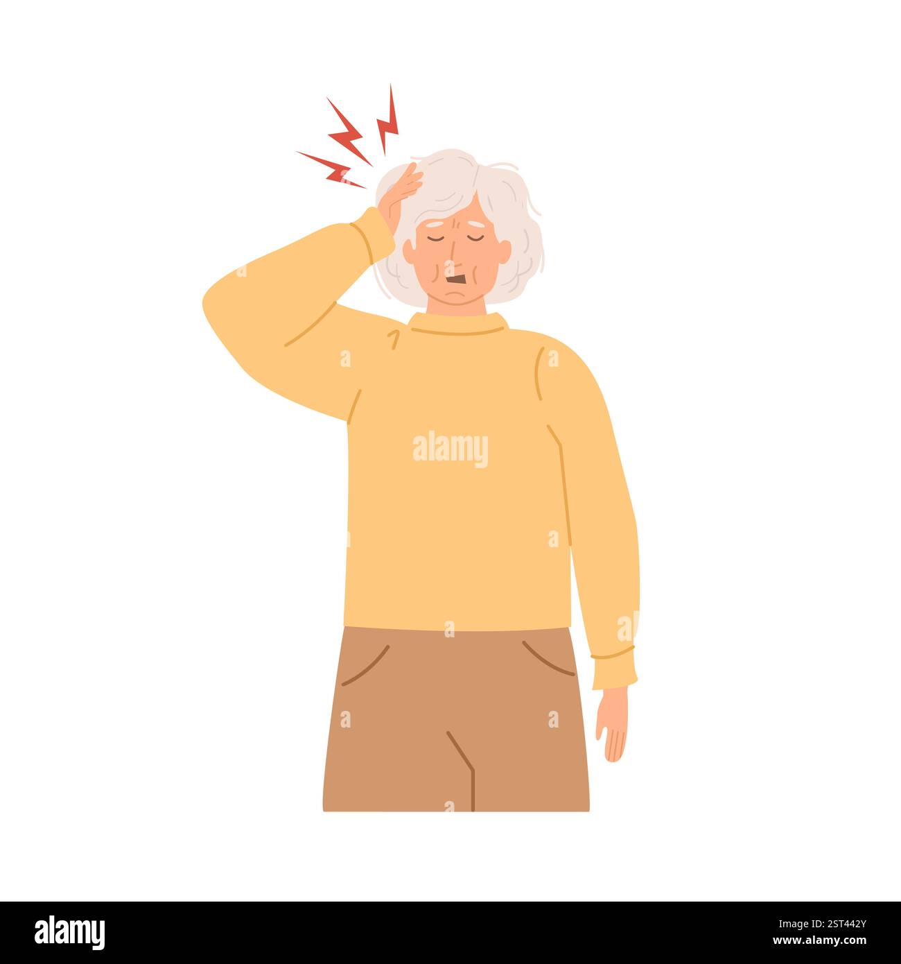 An elderly woman suffering from a headache, holding her head in pain ...