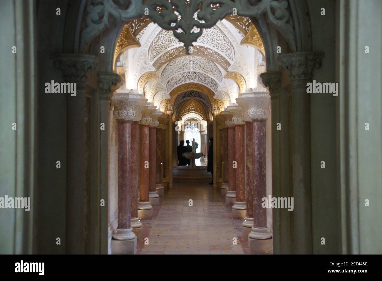 Long corridor, Sintra, Portugal. Ornate arches and columns. Elaborate Moorish architecture ...