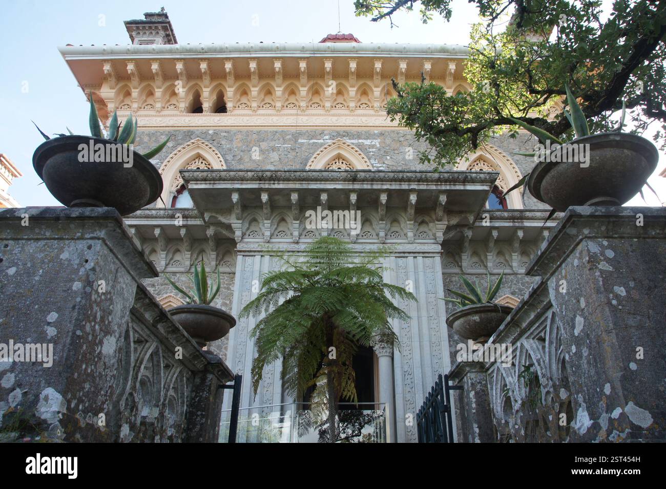 Sintra, Portugal. Monserrate Palace entrance. Intricate stonework ...
