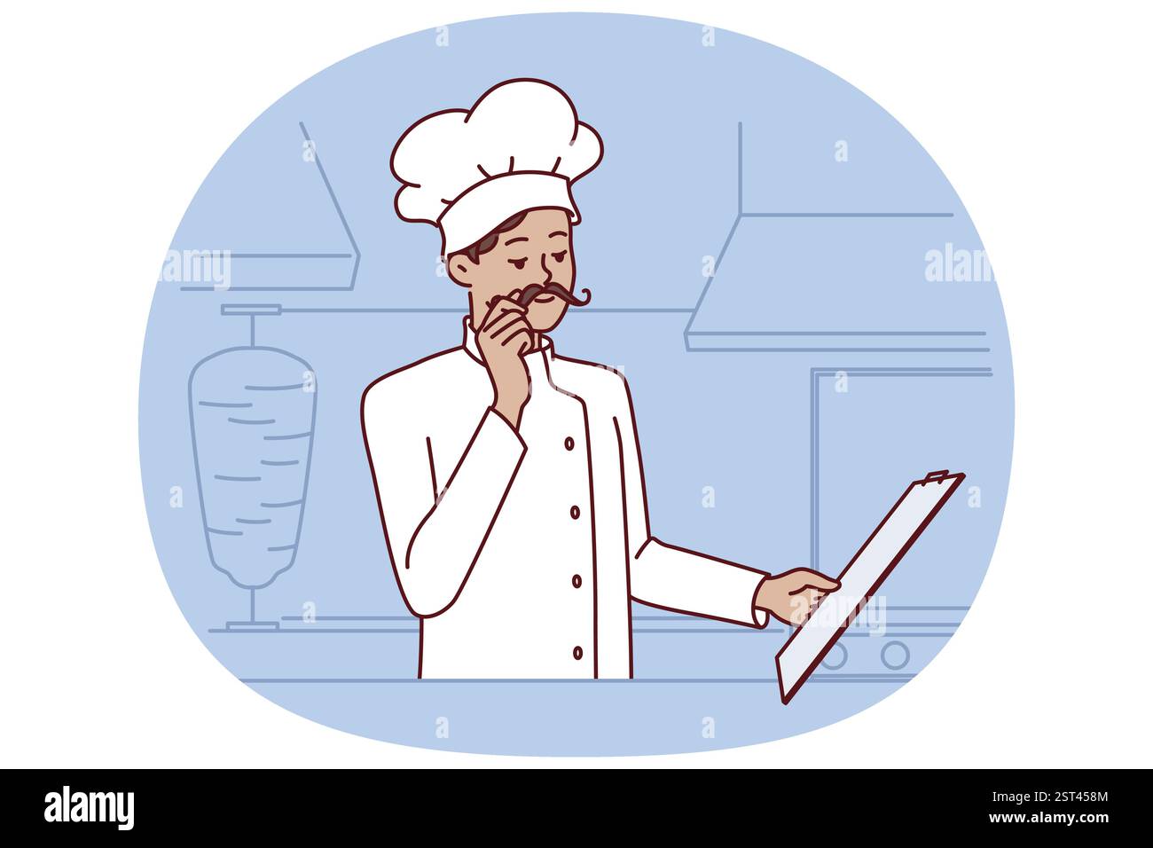 Chef cook man stands in kitchen street food restaurant and holds ...