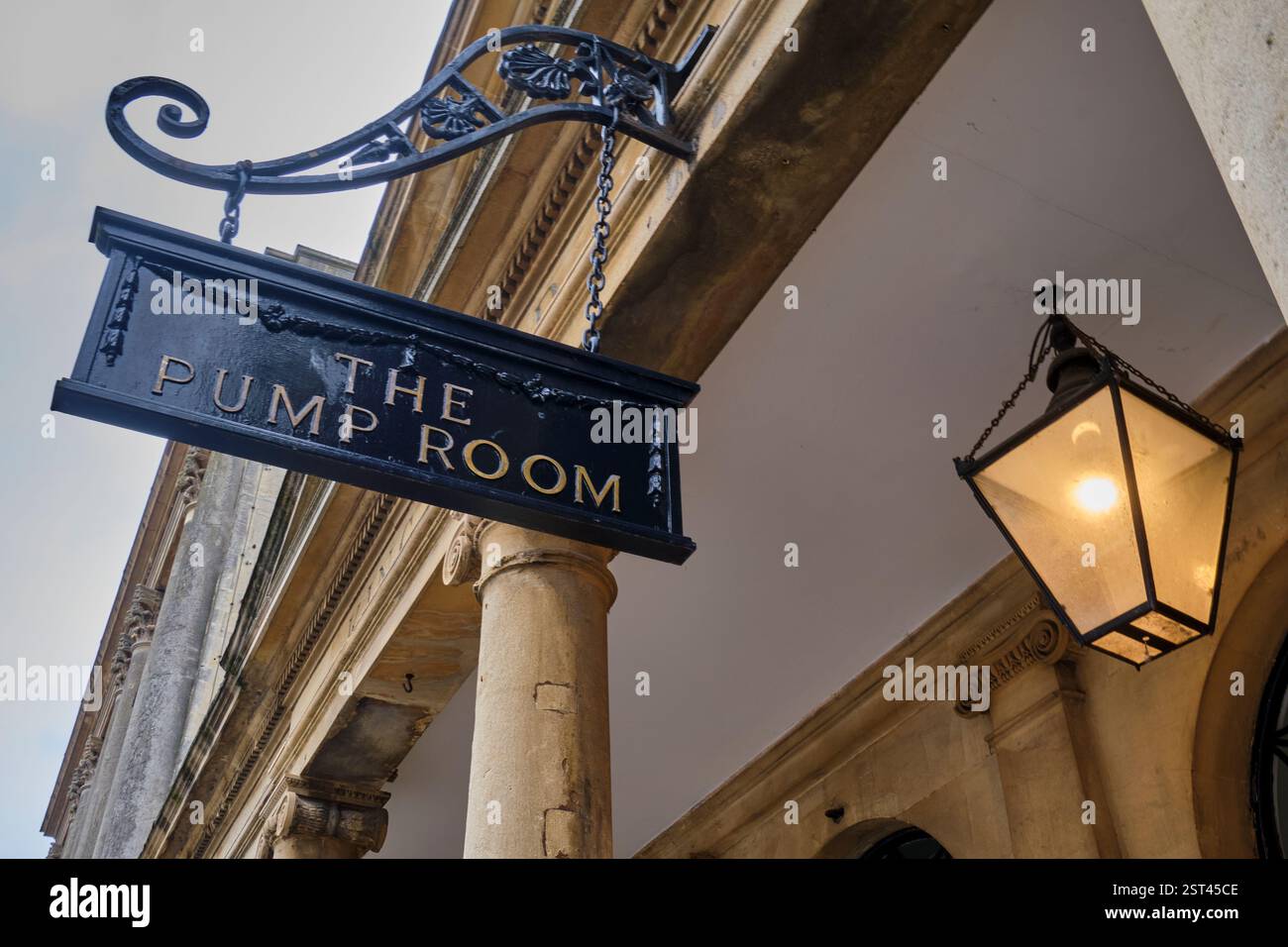 The Pump Room sign outside The Roman Baths, Bath, Somerset Stock Photo ...