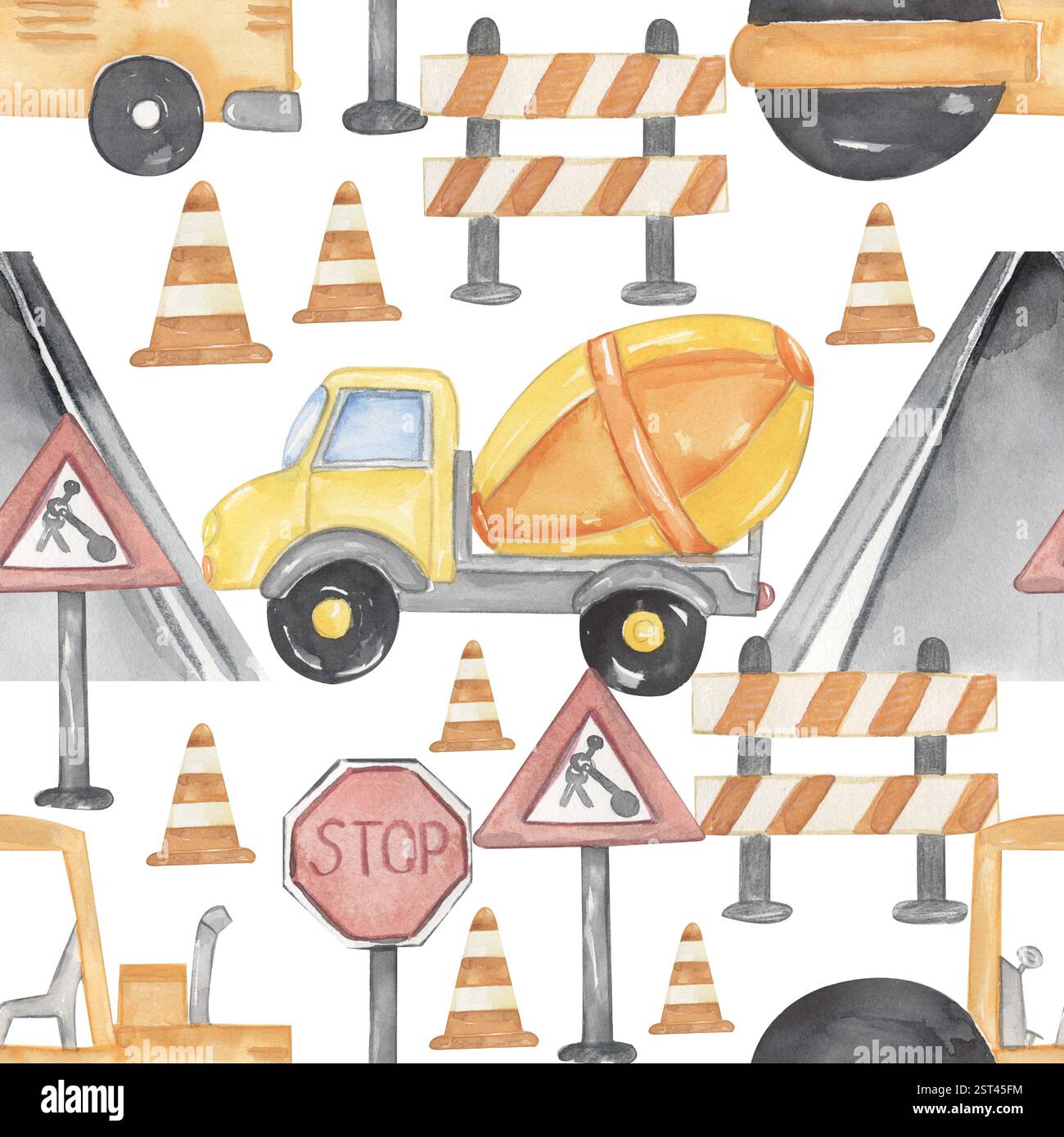 watercolor road signs and road cars seamless pattern, roadworker repeat ...