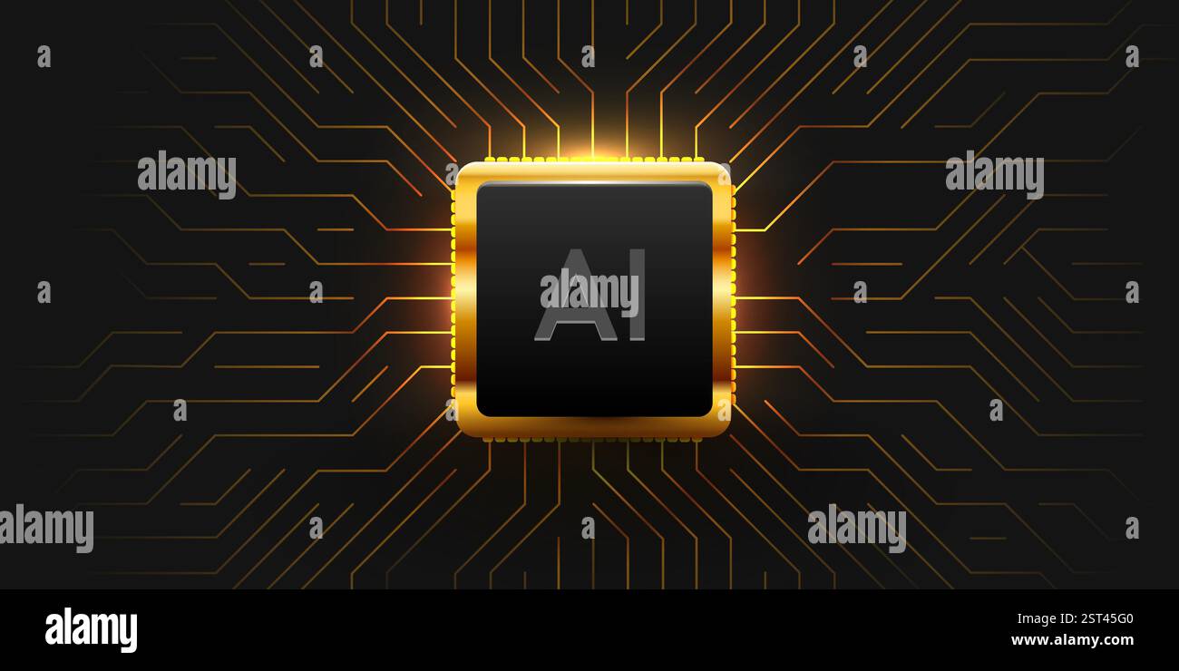 Glowing AI golden chip on circuit board. Technology background. CPU processor on tech bg ...