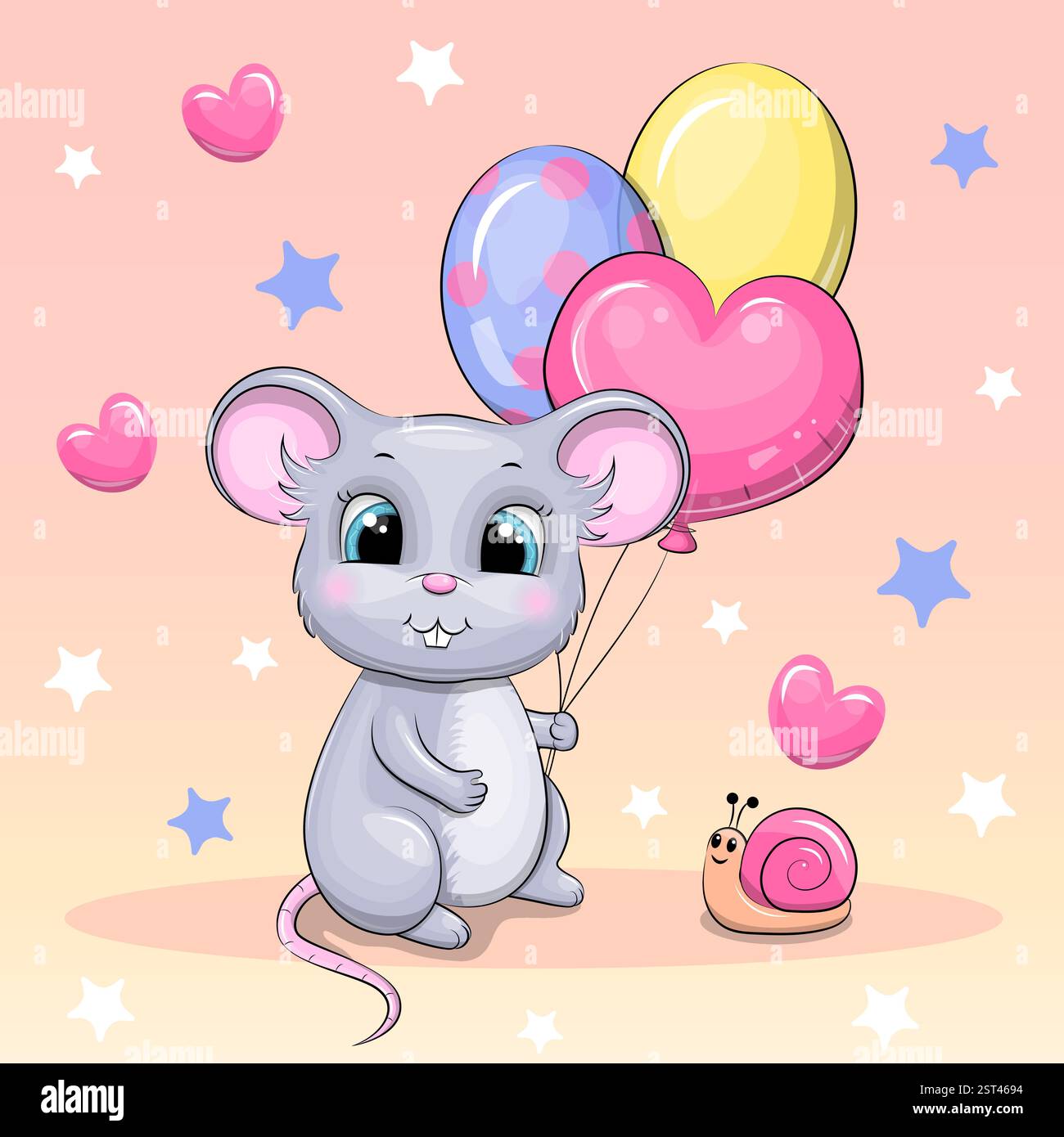 Cute cartoon mouse with balloons and snail. Vector illustration of an ...