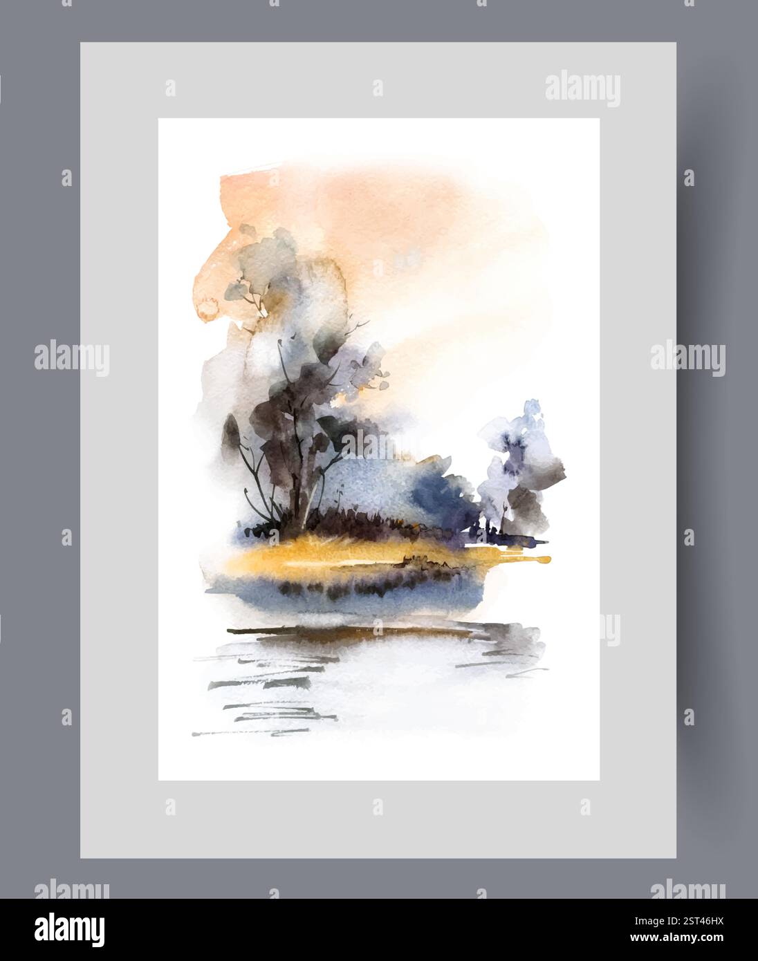 Picturesque nature with island with sparse trees and yellowed grass ...