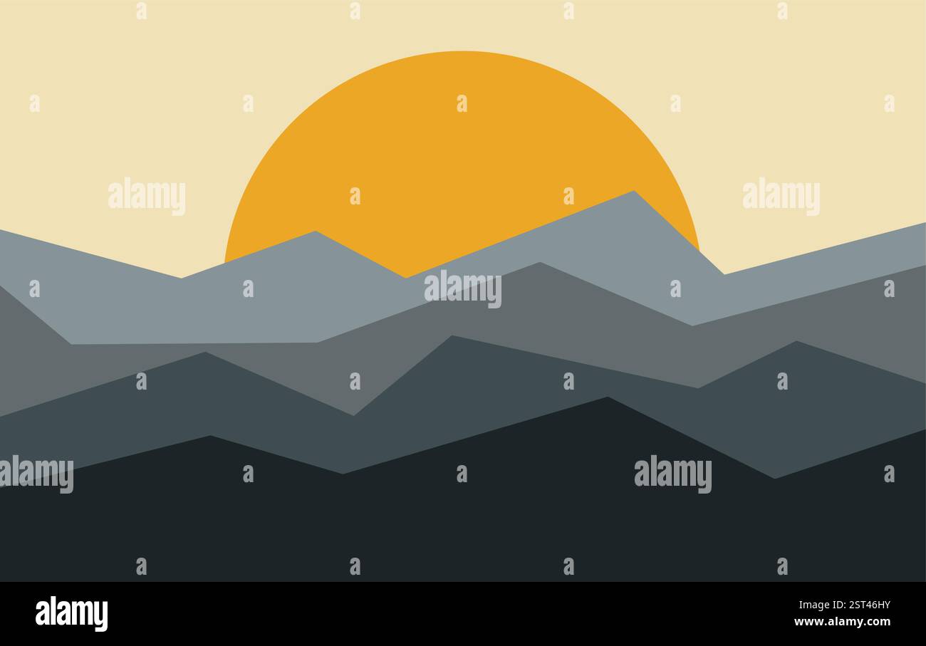 Landscape Mountain Sun Abstract Minimalist Mid Century Wall Art Print ...