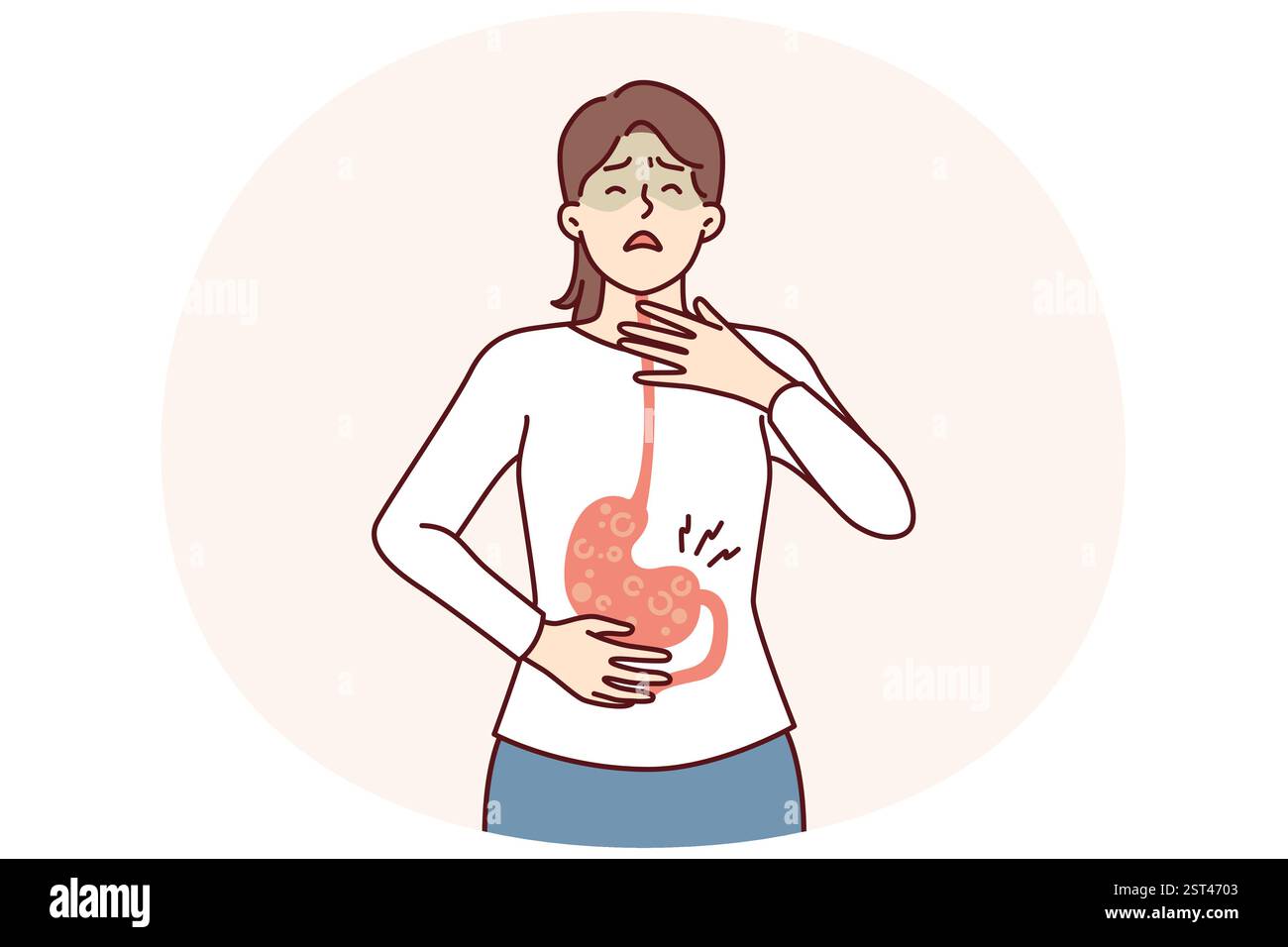 Sick woman with symptoms of gastroesophageal reflux or gastritis ...