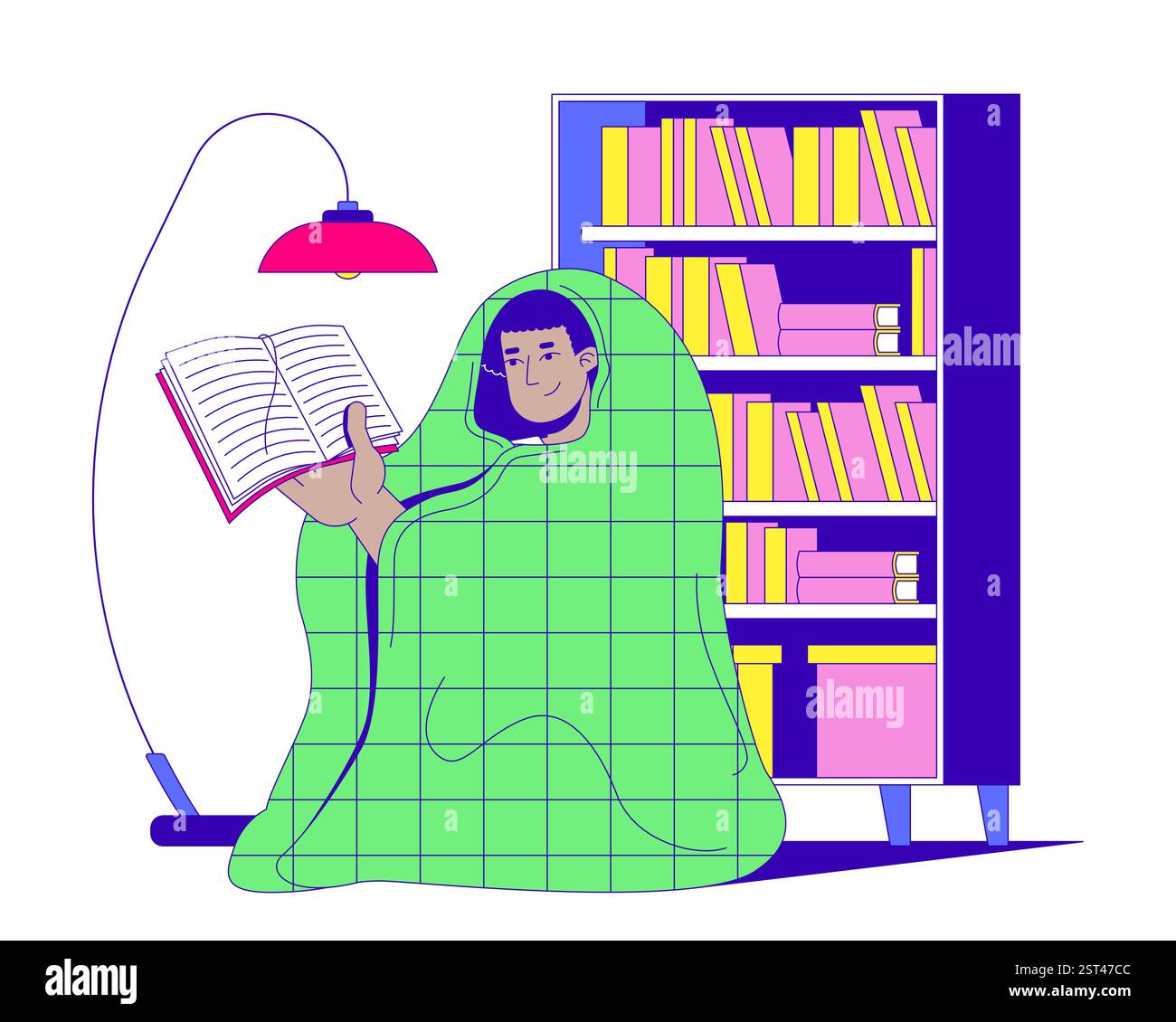 Cozy reading under blanket in home library cartoon flat illustration ...