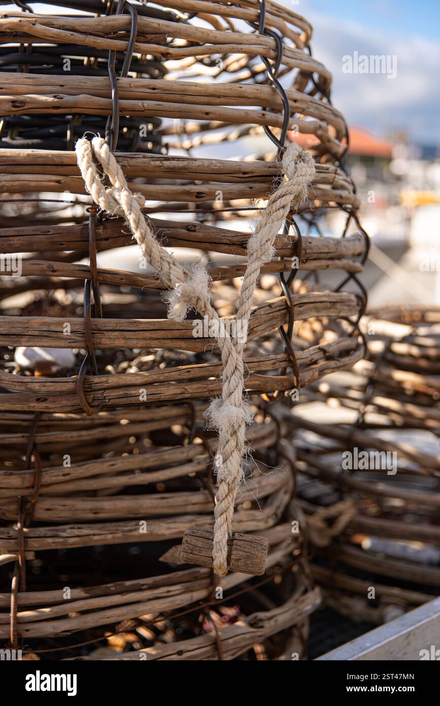Stacked wooden lobster pots with rope at Constitution Dock, Hobart ...