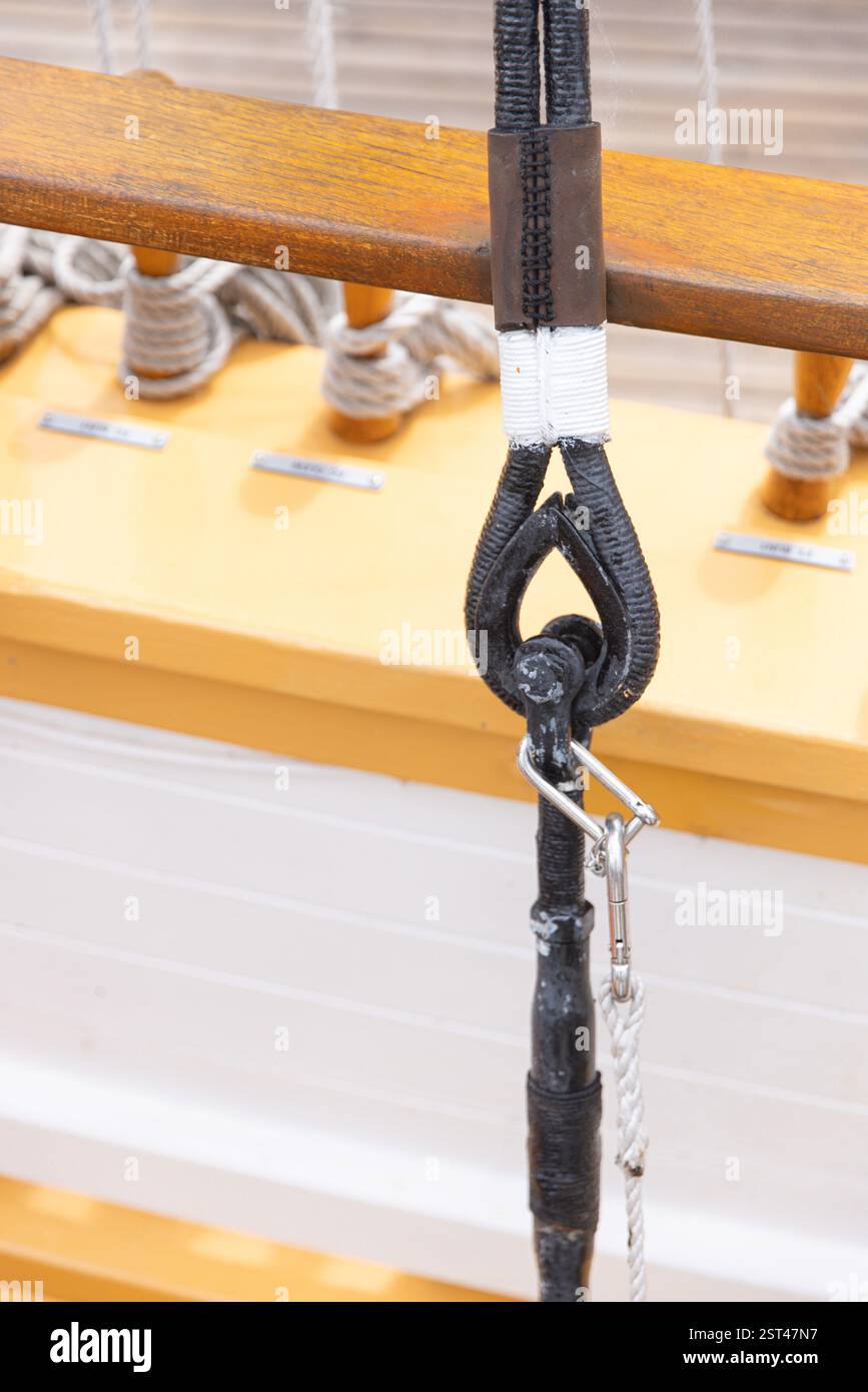 Close-up of vintage wooden sailing ship rigging - Shrouds and deadeye ...