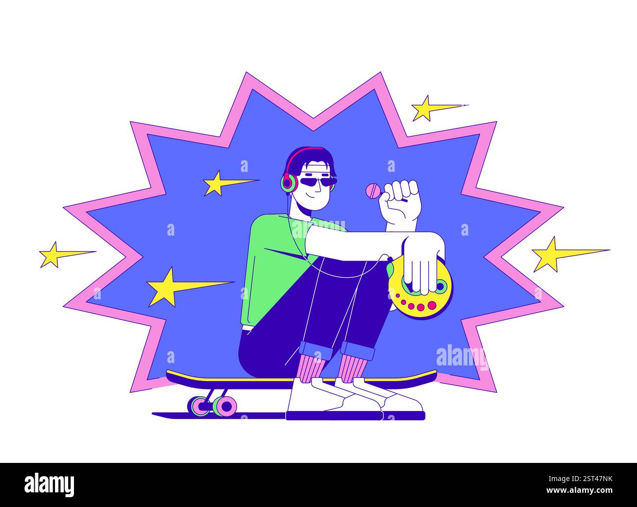 Headphones retro skater eating lollipop with CD player 2D illustration ...