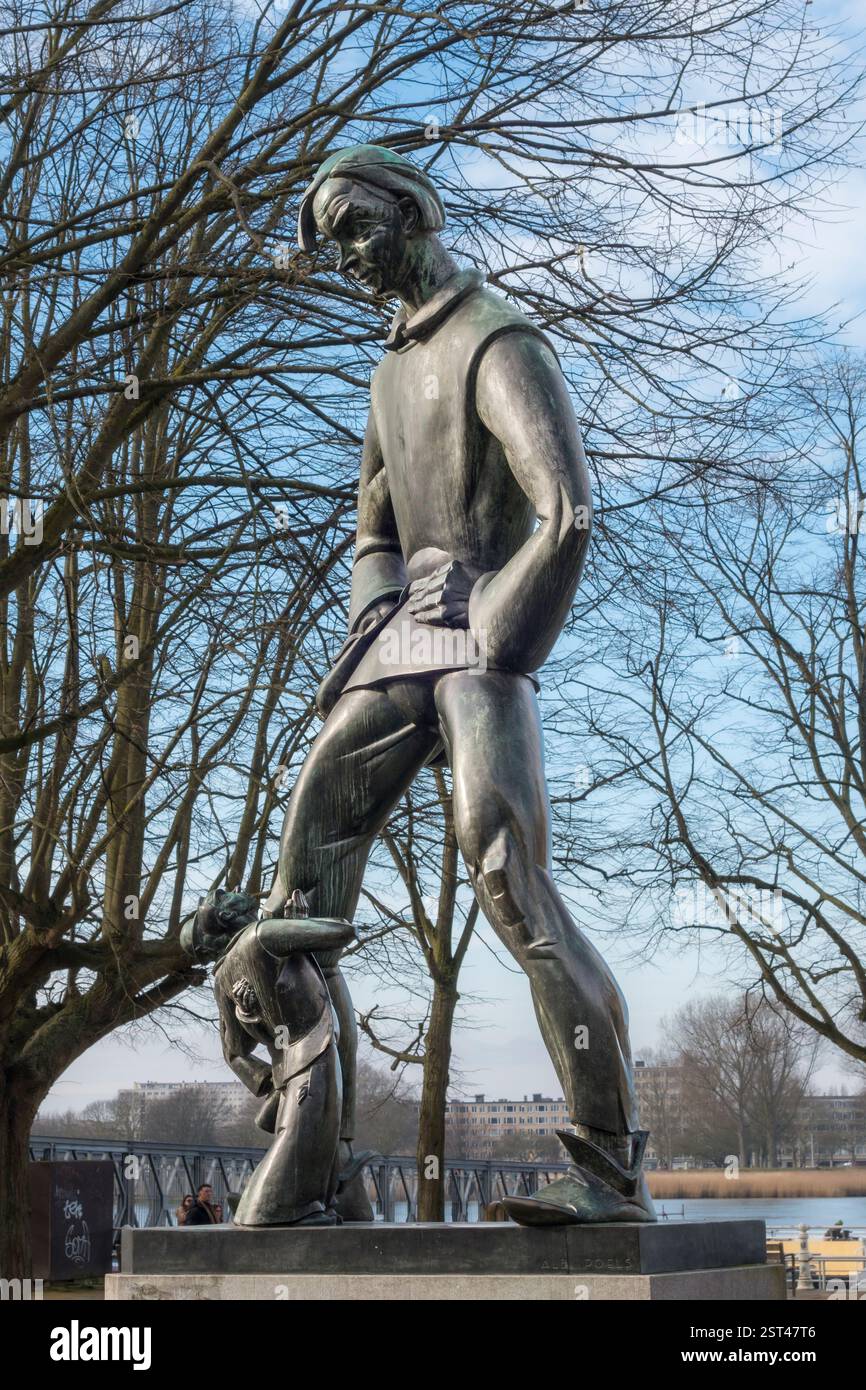 A statue of Lange Wapper, a giant from Flemish folklore, stands at the ...
