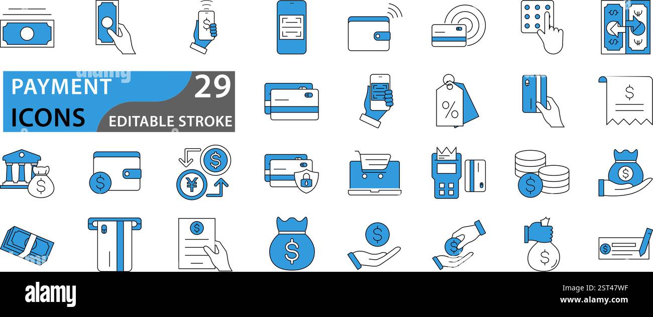 Payment icons set. Cash money, coins in hand, credit card, wallet, bank ...