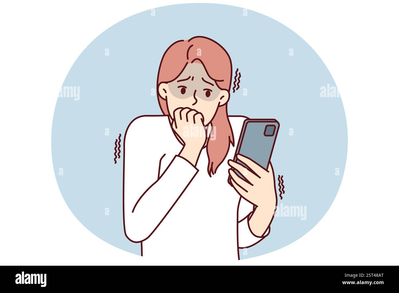 Frightened woman with phone biting nails in fear after reading bad news ...