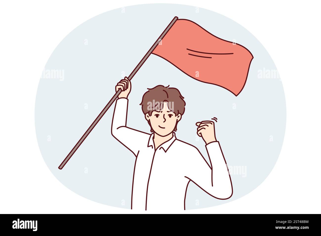 Man with red flag in hand makes victory gesture showing leadership ...