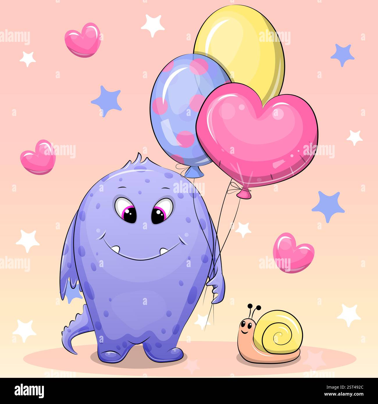 Cute cartoon monster with balloons and snail. Vector illustration of an ...