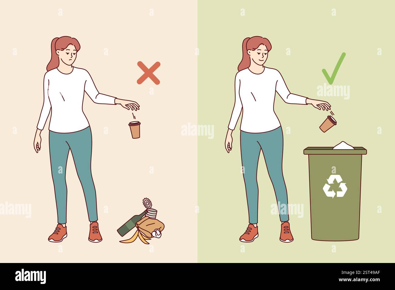 Woman throwing garbage on ground or in trash can demonstrates right and ...