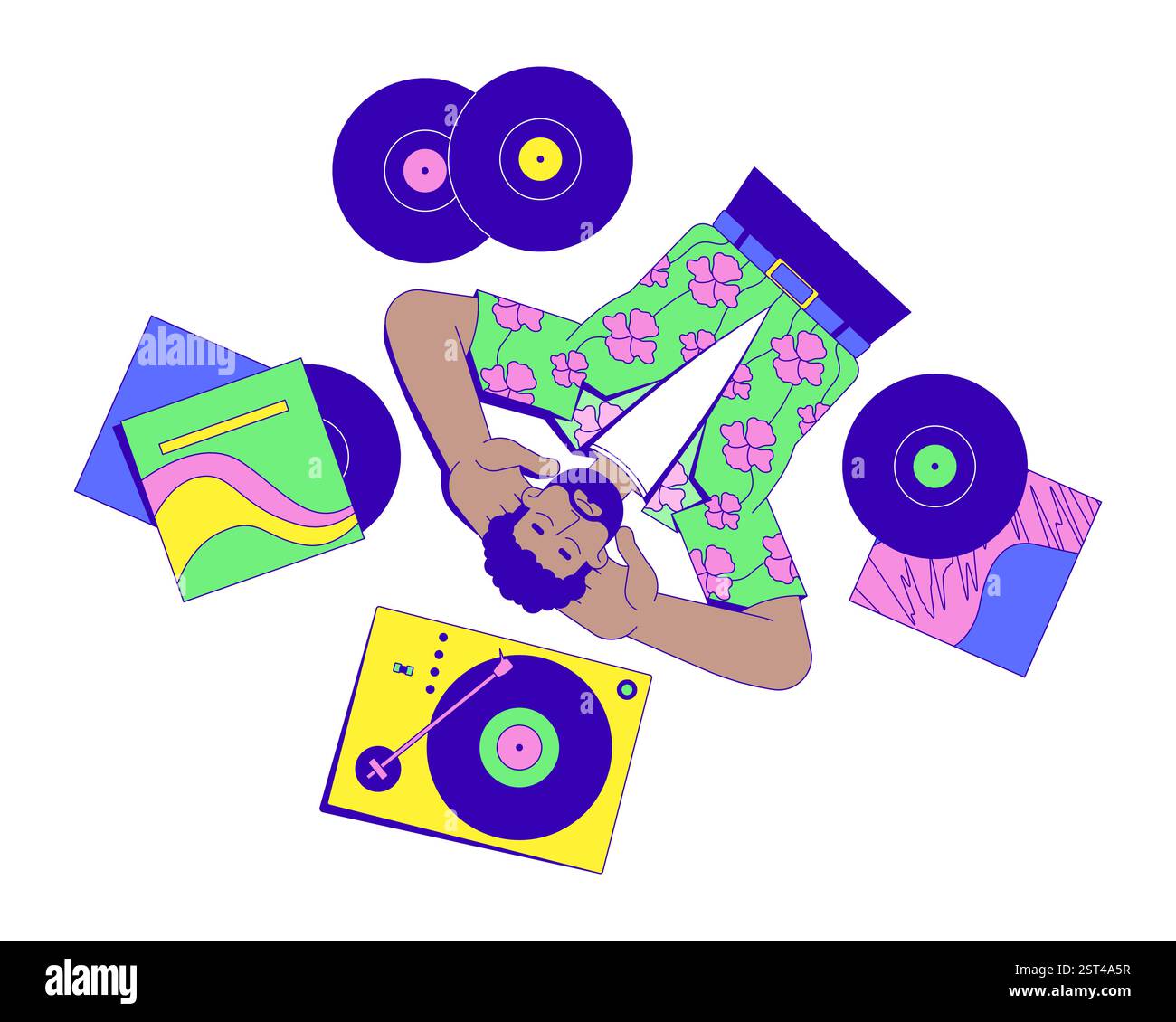 Retro black man listening to vinyl records on turntable cartoon flat ...