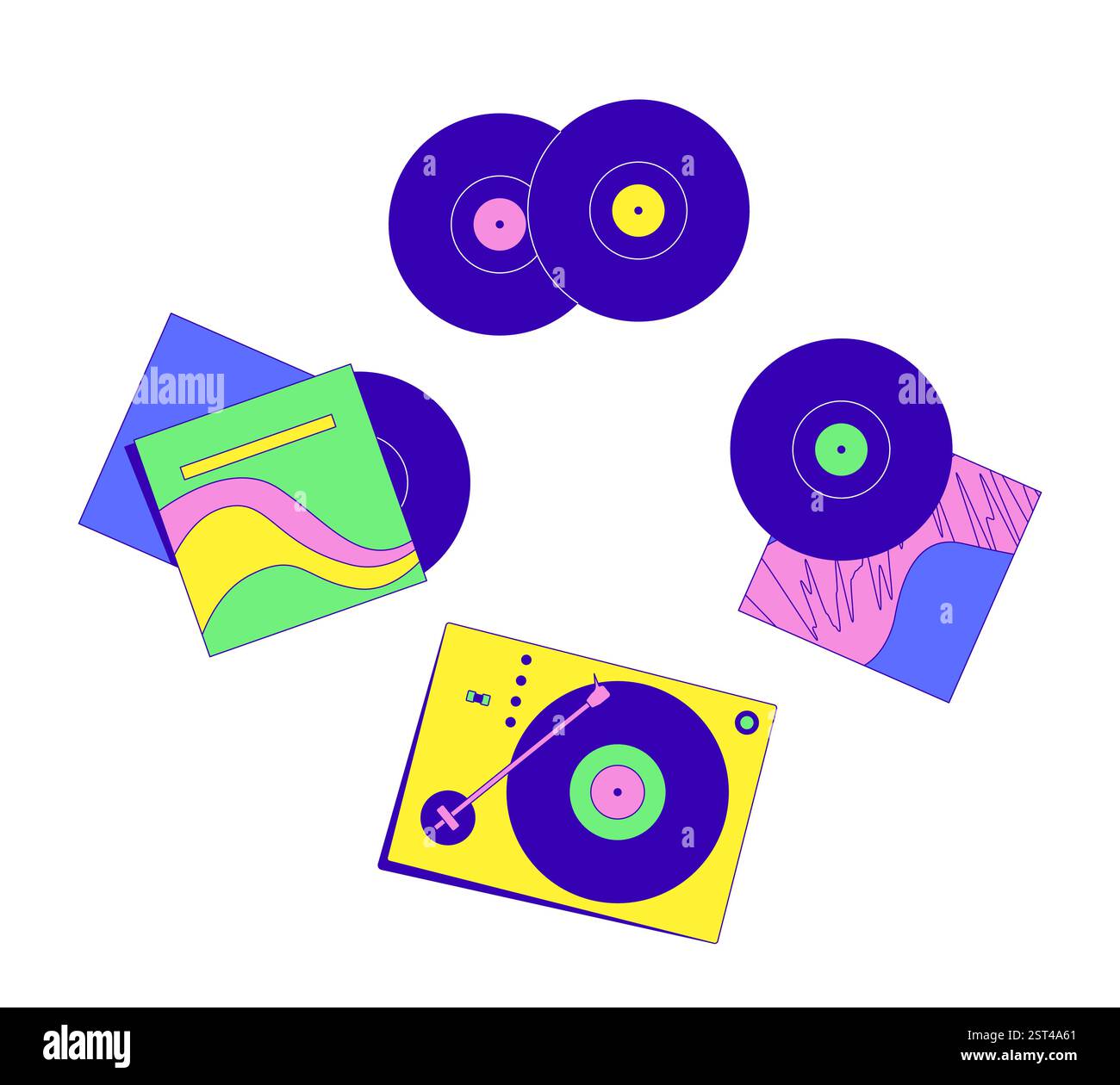 Turntable, vinyl records and album covers cartoon flat illustration ...