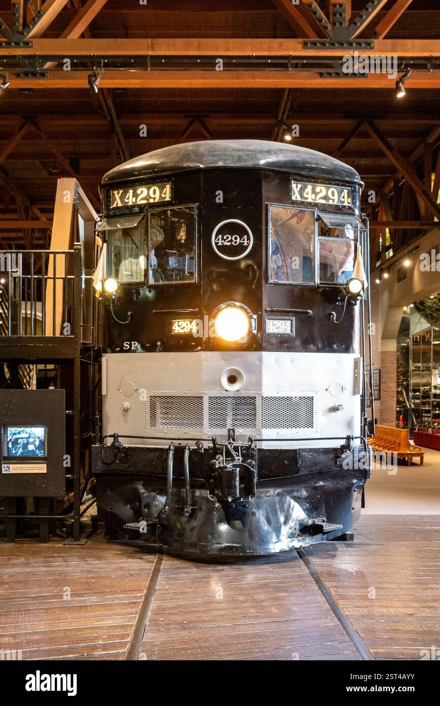Cab forward steam locomotive on museum display vertical Stock Photo - Alamy