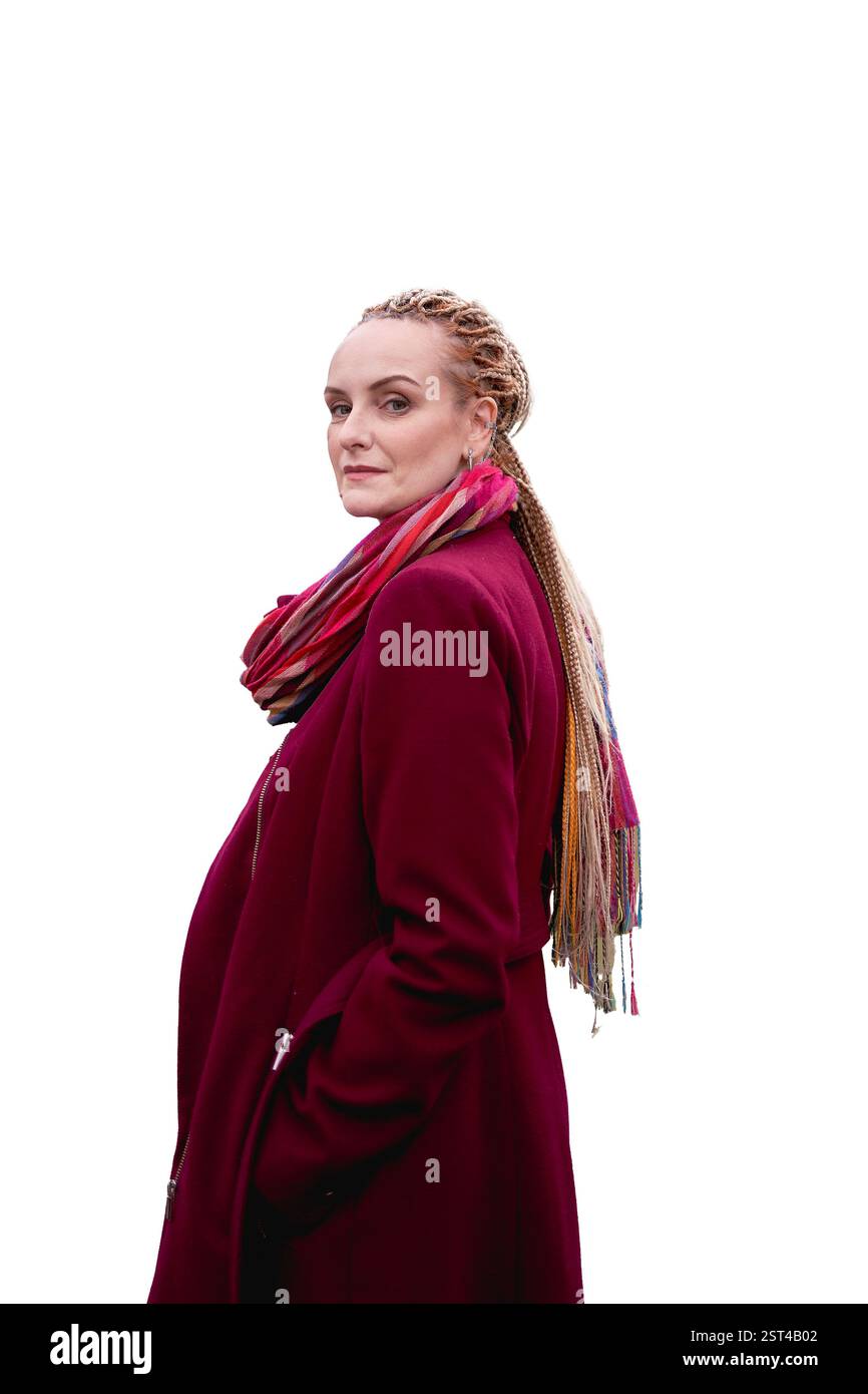 middle-aged woman with braided afro braids in a coat, isolated, png ...
