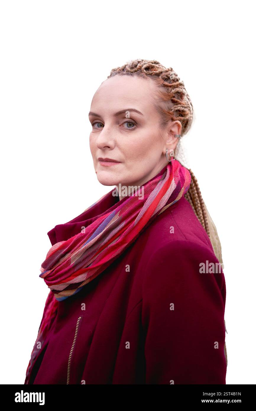 middle-aged woman with braided afro braids in a coat, isolated, png ...