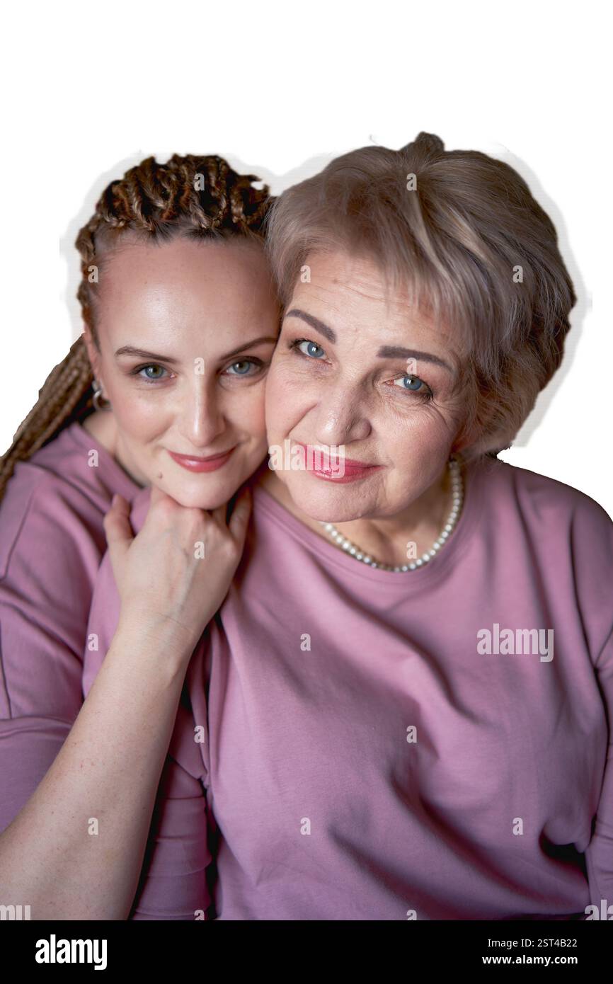 middle-aged daughter and senior mother hugging, isolated, png Stock Photo - Alamy