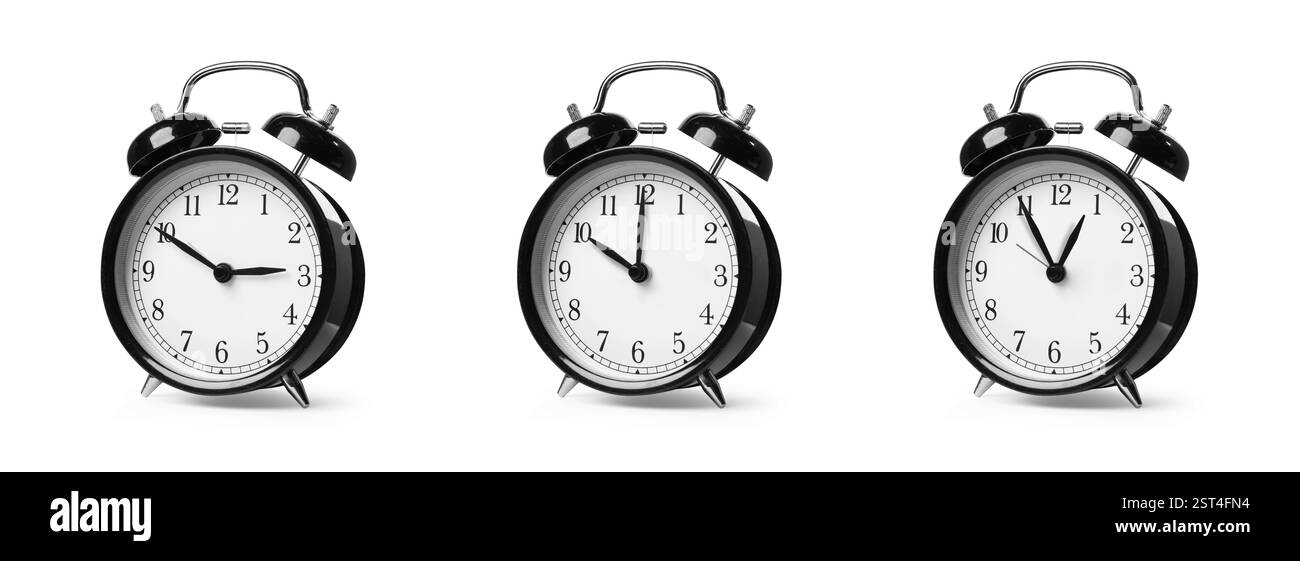 Black alarm clock showing different time isolated on white, collage ...