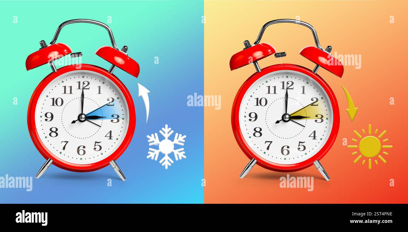 Daylight saving time. Red alarm clocks on color background, collage ...