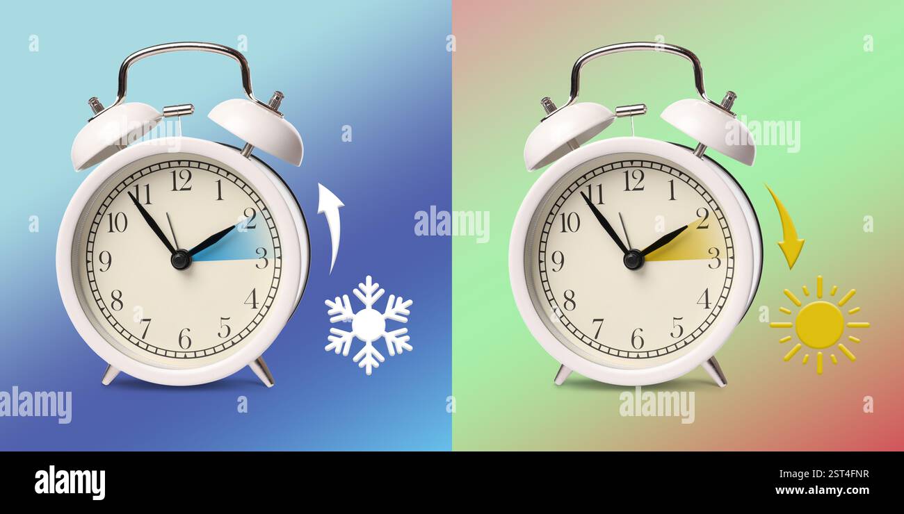 Daylight saving time. White alarm clocks on color background, collage ...