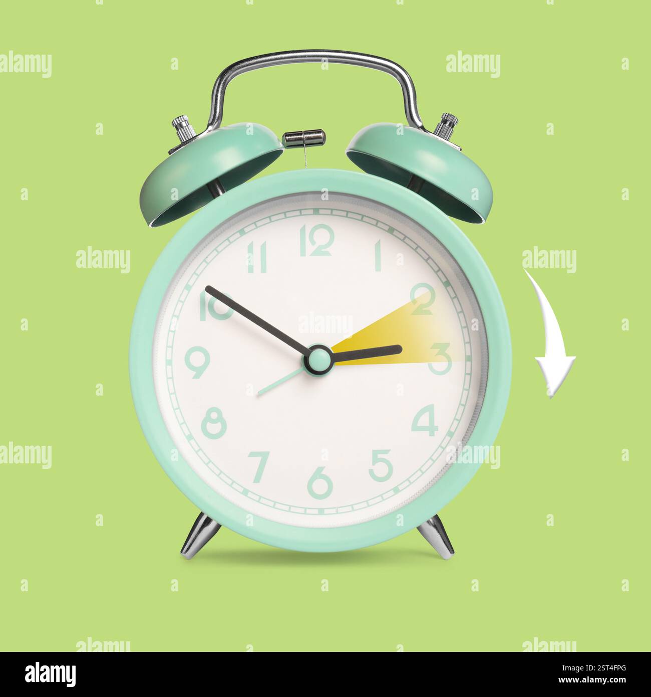Daylight saving time. Turquoise alarm clock on light green background ...