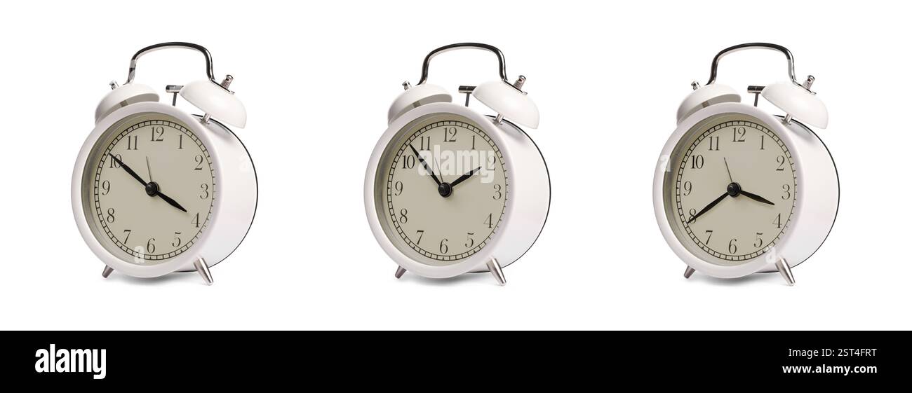 Alarm clock showing different time isolated on white, collage Stock ...