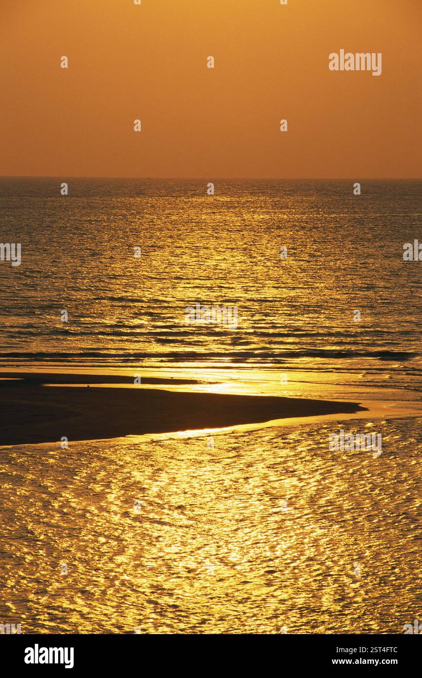 Golden sparkling sea water and reddish sky at sunset, ratnagiri ...