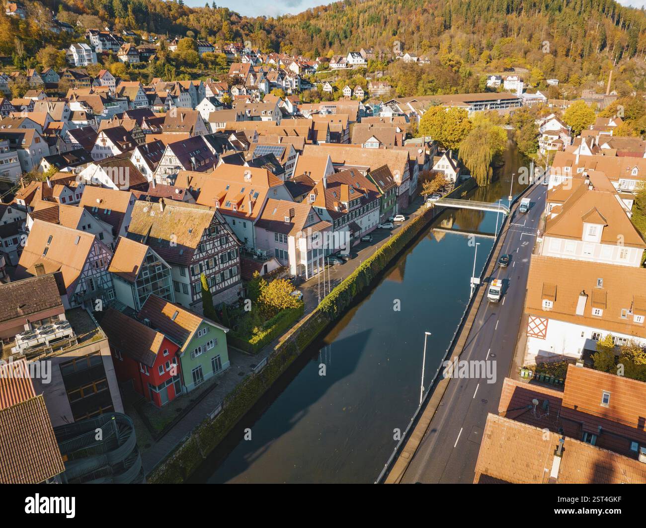 Town view with river, traditional houses and autumnal vegetation, Calw ...