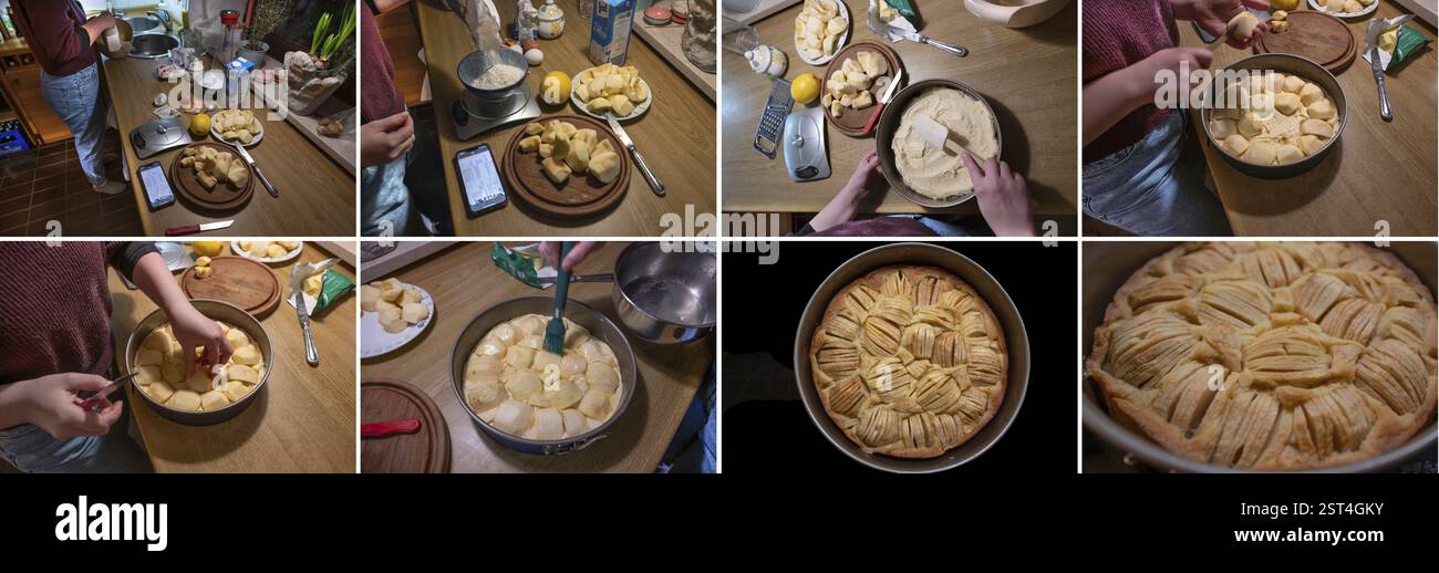 Baking an apple pie with mobile phone instructions, Bavaria, Germany ...