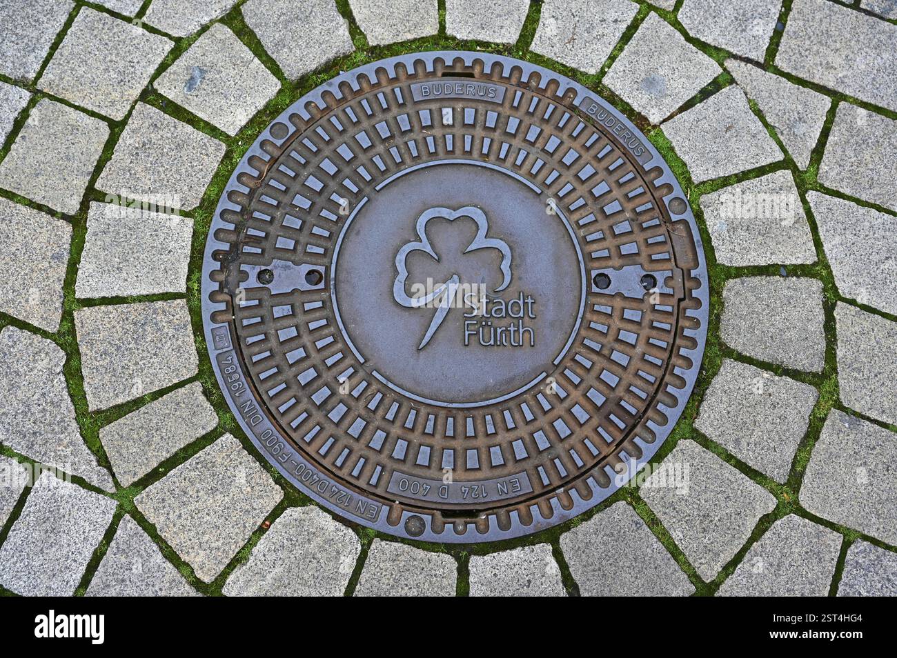 Manhole cover with coat of arms of the city of Fuerth-Bavaria, Middle ...