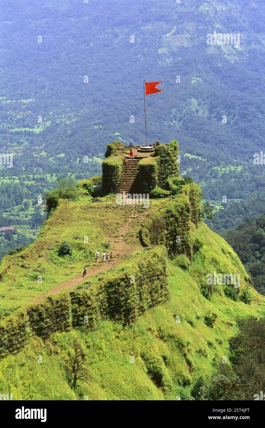 View of saffron flag at Pratapgad, Mahabaleshwar, Maharashtra, India ...