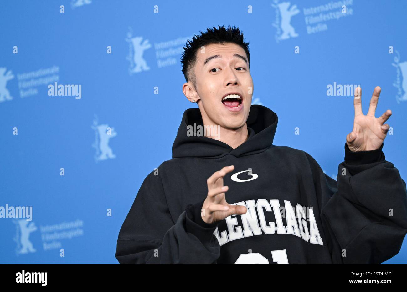 Berlin, Germany. 17th Feb, 2025. Actor Zhou You reacts at the Berlinale ...