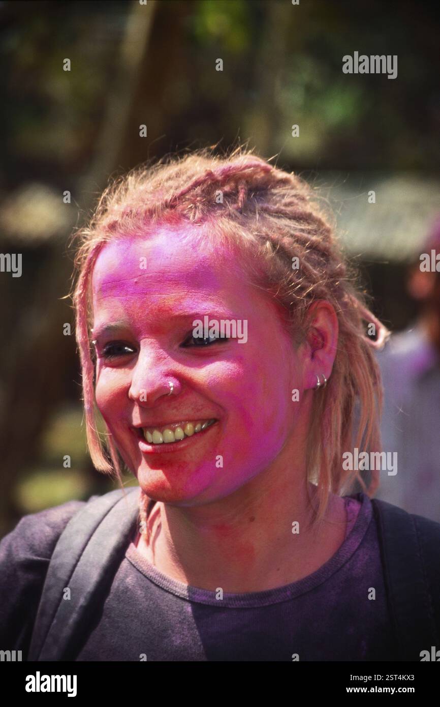 Holi festival of colours, foreigner woman enjoying holi, shantiniketan ...