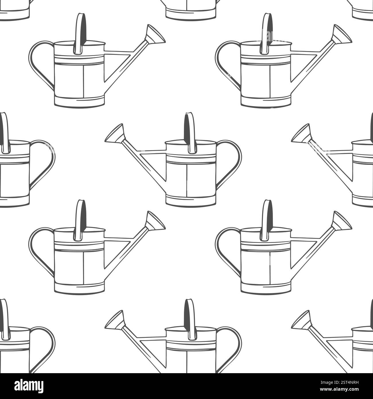 Pattern with garden watering cans, outline doodle drawing. Work in ...