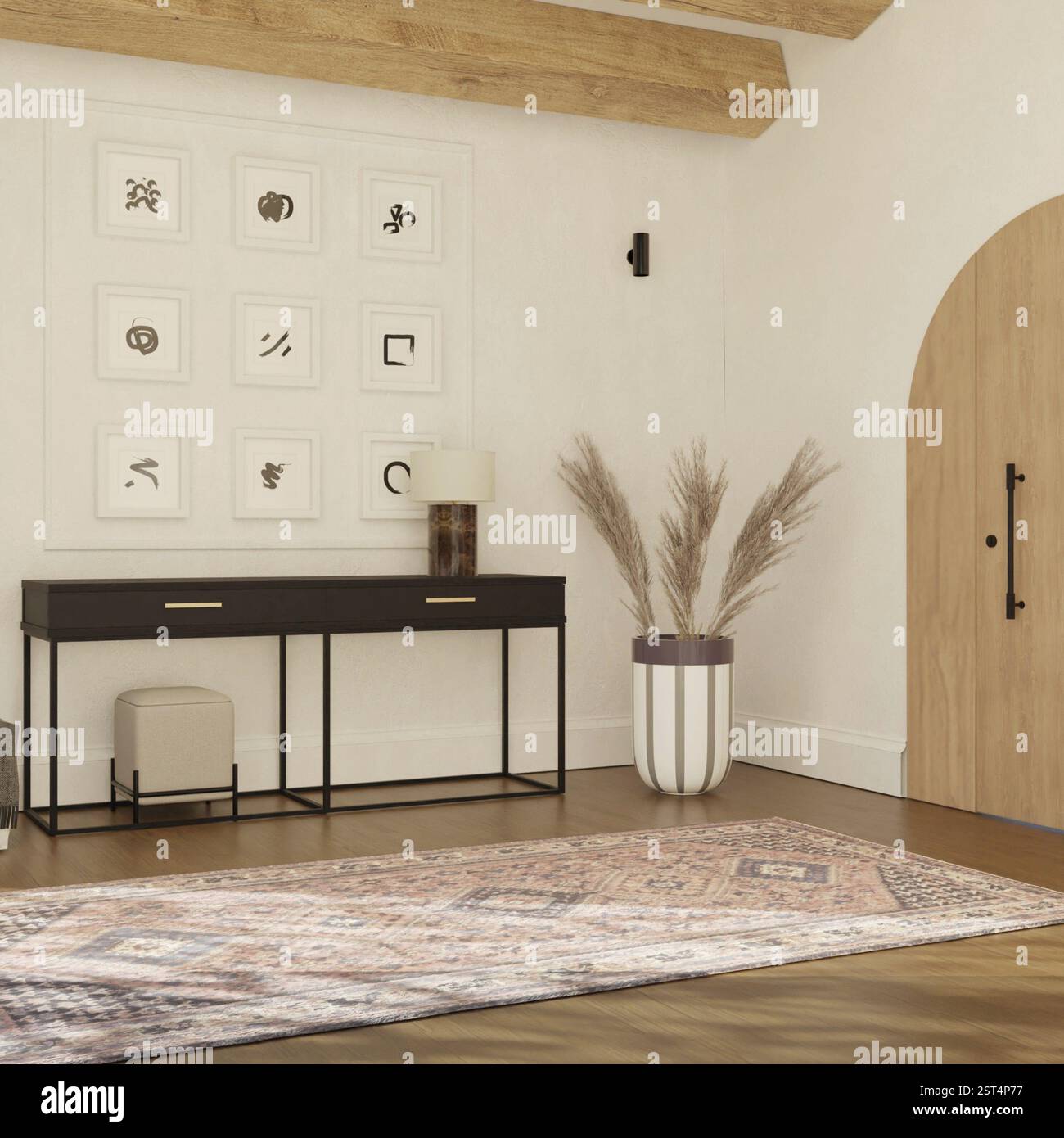 Stylish entryway with minimalist decor, featuring a boho rug and pampas ...