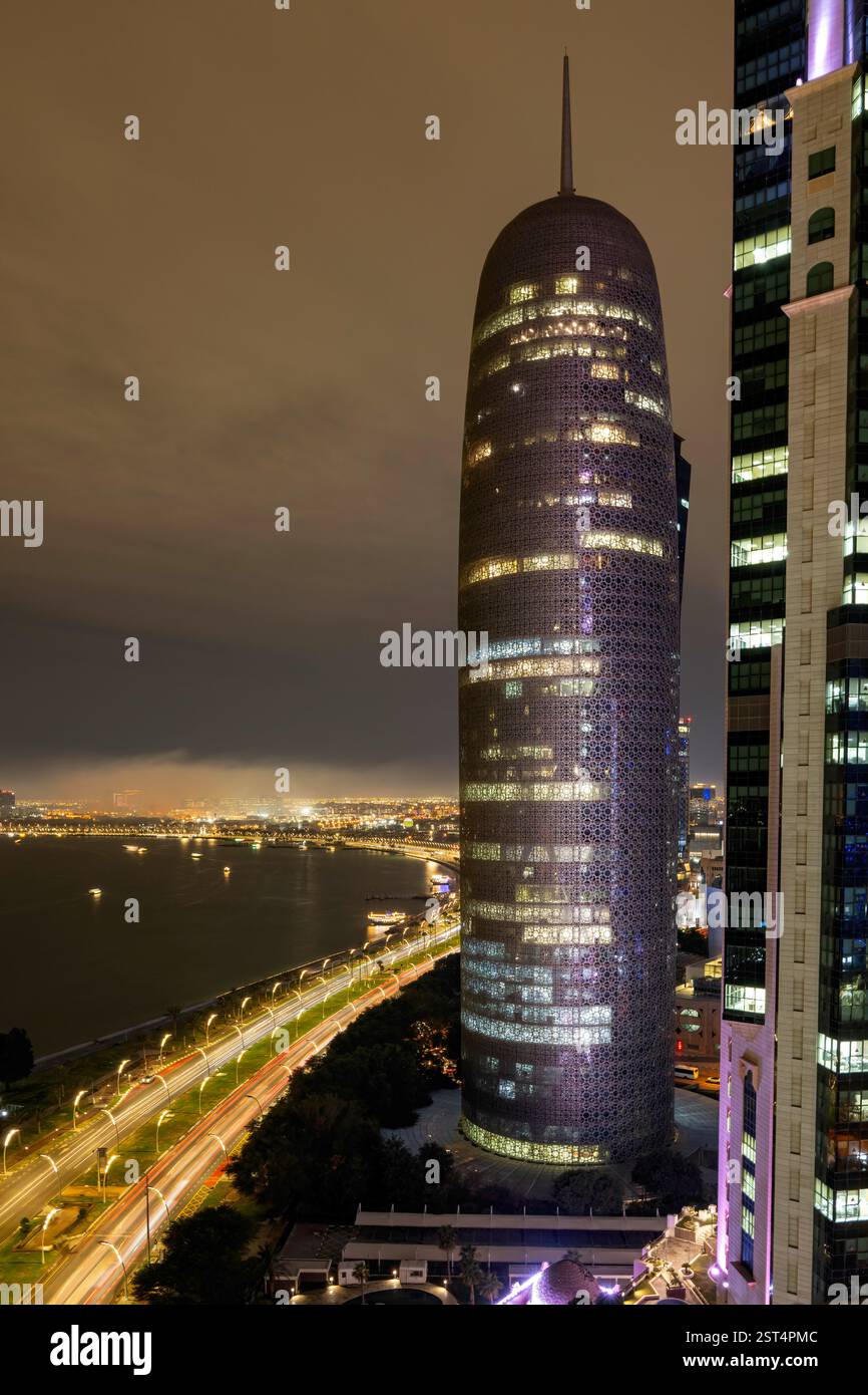 Night aerial view of Burj Doha . Iconic Doha Tower Stock Photo - Alamy