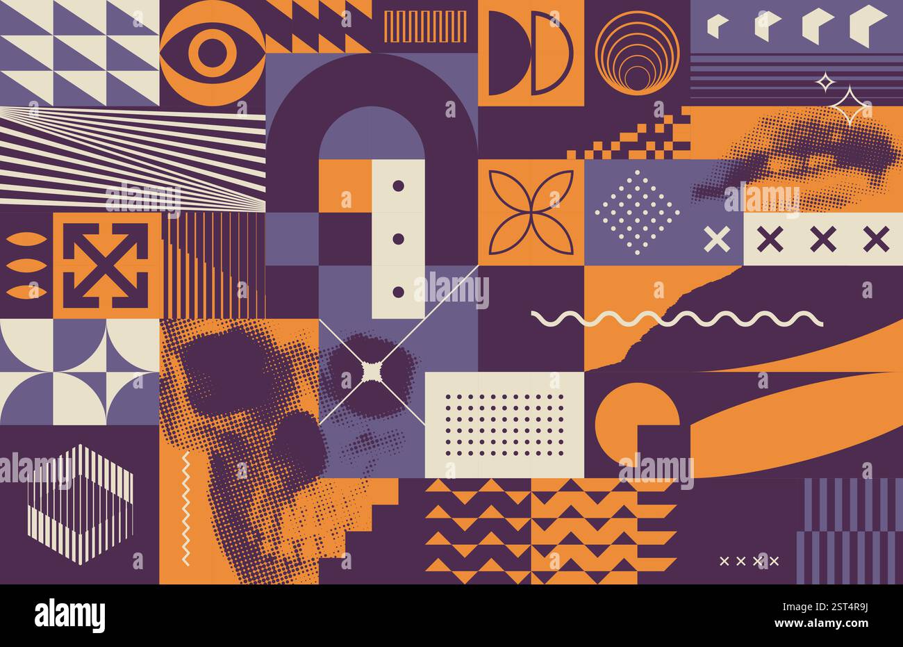 Abstract brutalist seamless pattern with geometric shapes, grunge elements, minimalist and ...