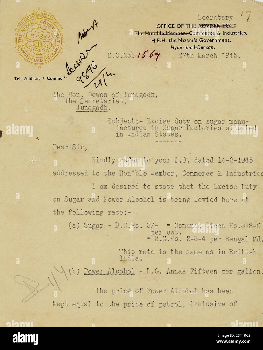 Letter head with royal seal or Coat of Arms27/iii/1945, Haiderabad ...