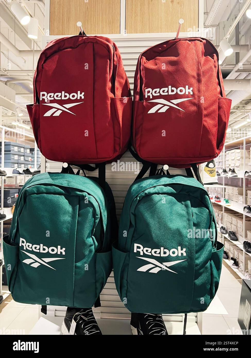 Lviv, Ukraine - February 16, 2025: Four Reebok backpacks in red and ...