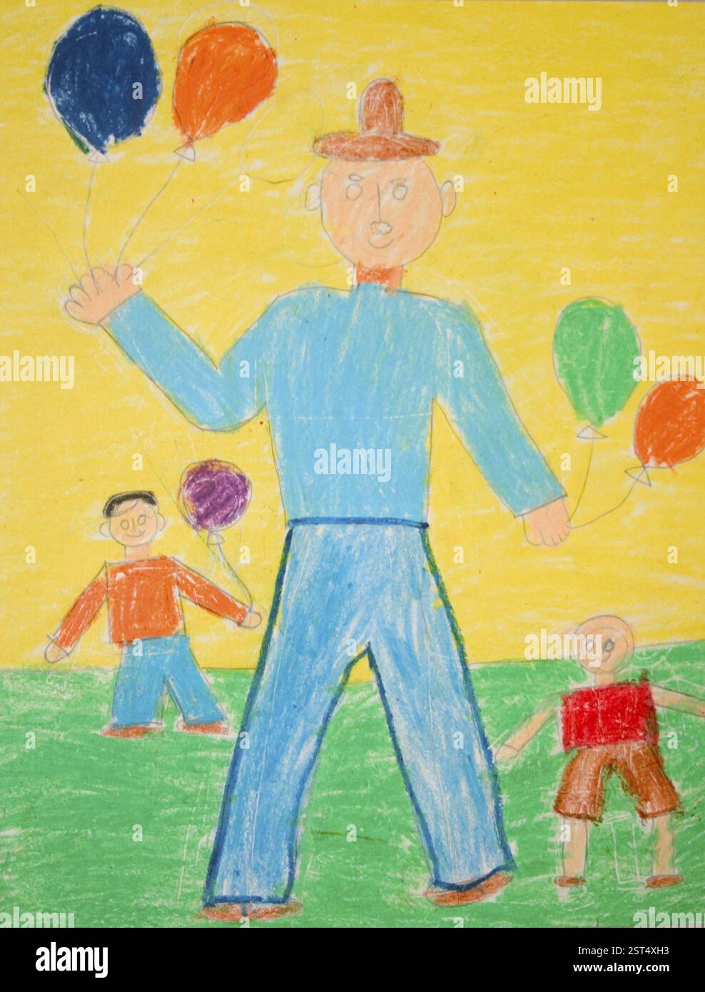 Painting by the child, the balloon seller, oil pastel, By the student ...